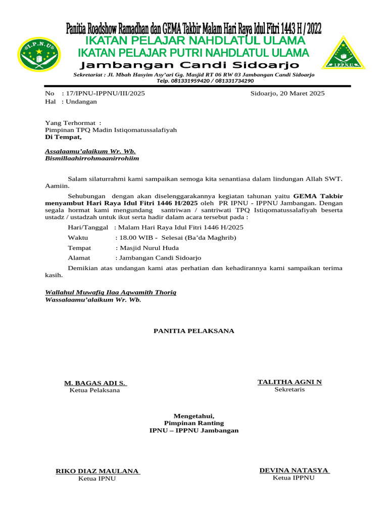 8 Undangan TPQ Takbir Keliling 2025 | PDF