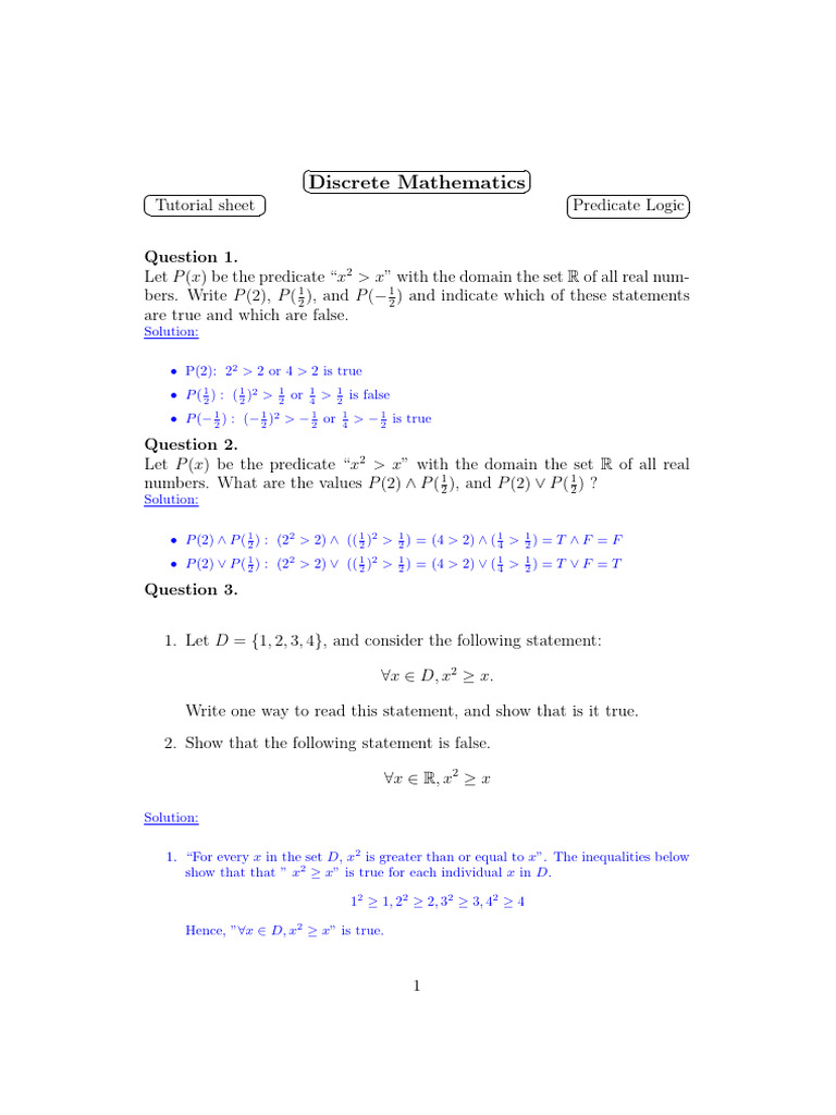 tutorial-predicate-logic-sol | PDF | Inequality (Mathematics) | Mathematical Logic