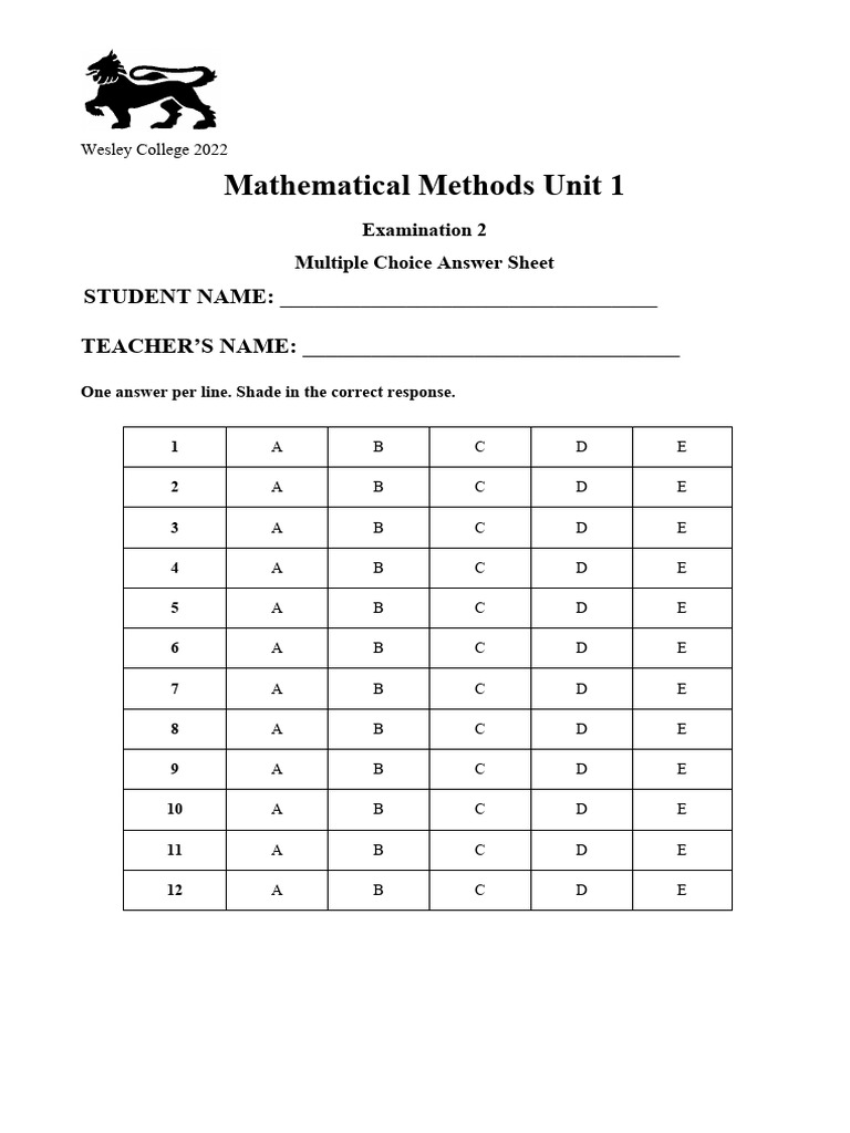 2022 Y11 MM12 June Exam Multiple choice blank answer sheet.doc | PDF