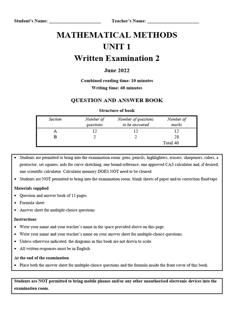 2022 Y11 MM12 June Exam P2 - Vce Maths Methods Unit 1 | PDF | Multiple Choice | Inequality ...