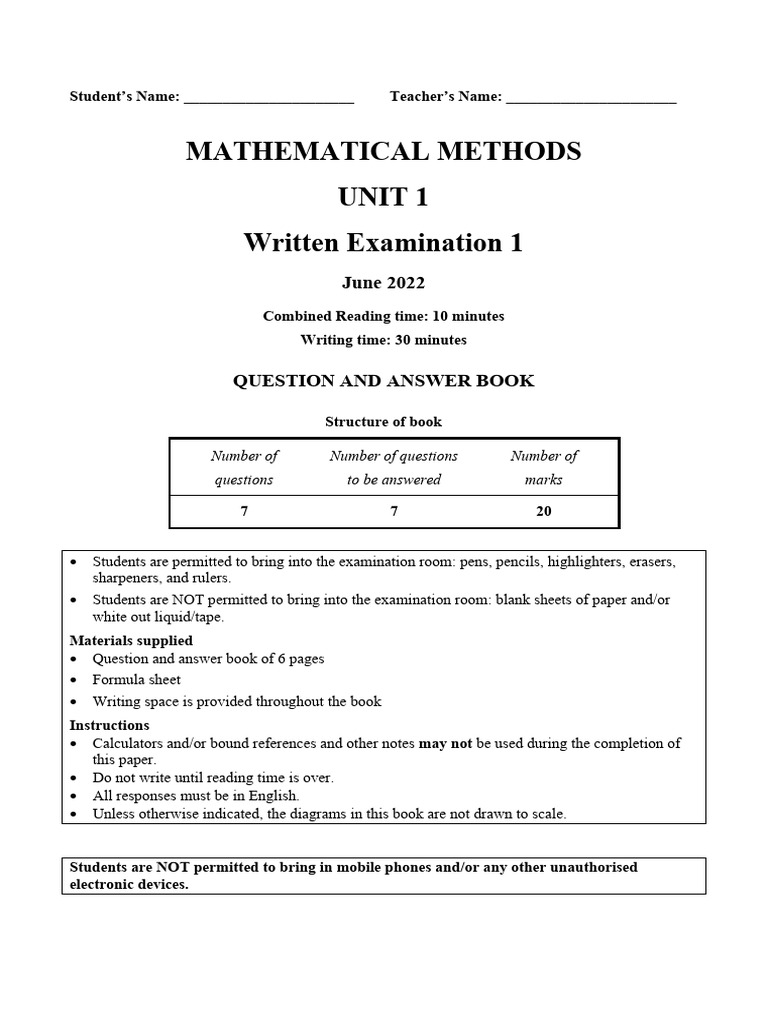 2022 Y11 MM12 June Exam P1 - Vce Maths Methods Unit 1 | PDF | Books | Function (Mathematics)