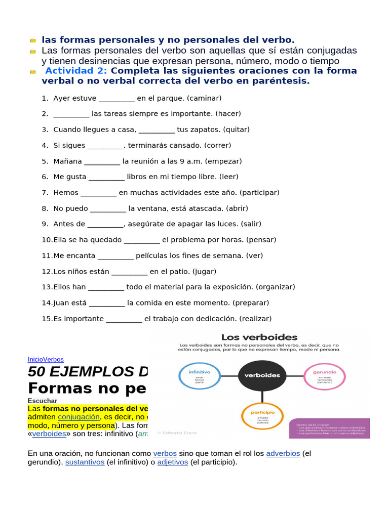 Las Formas Personales y No Personales Del Verbo | PDF | Verbo ...