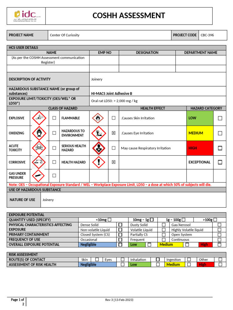 COSHH Assessment - HI MACS Adhesive B | PDF | Toxicity | Hazards