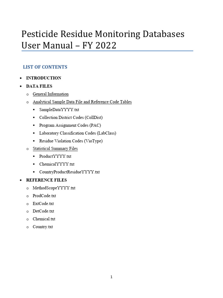 Pesticide Residue Monitoring Databases User Manual – FY 2022 | PDF ...