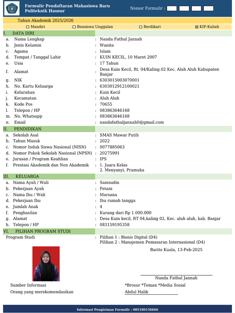 Formulir Pendaftaran Nanda Fathul Jannah | PDF
