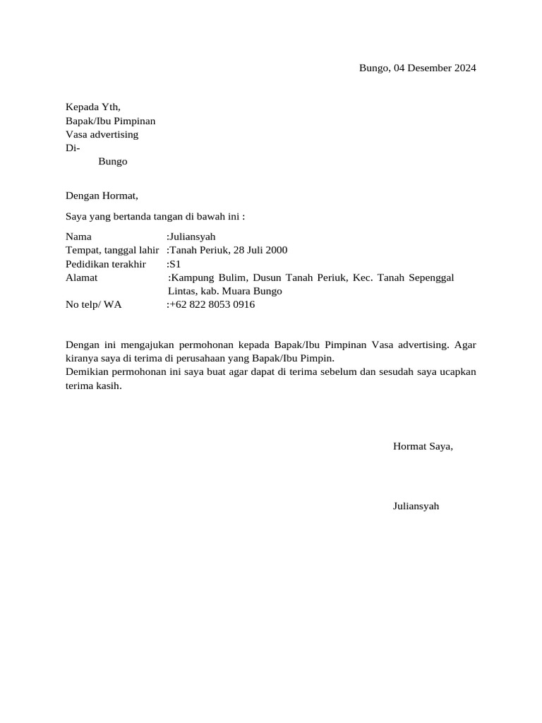 Surat Lamaran Kerja Juliansyah | PDF