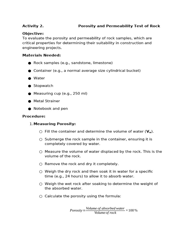 Activity 2 Porosity and Permeability of Rocks | PDF | Volume | Porosity