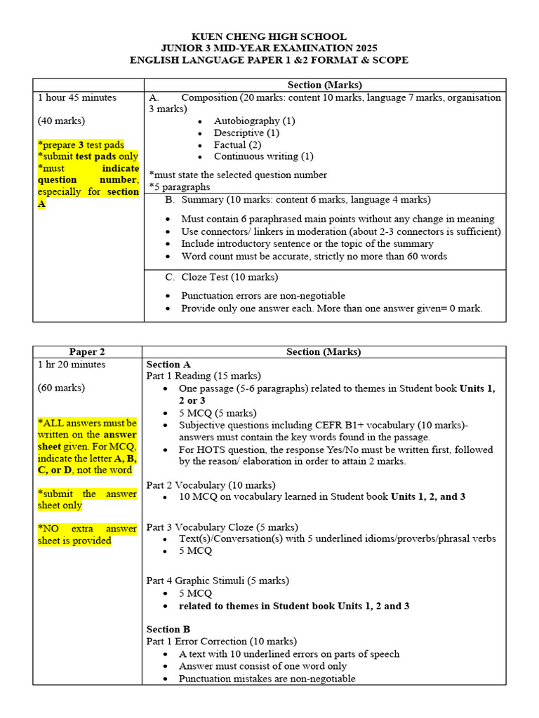 Junior 3 Mid-Year Exam 2025 Format & Scope | PDF | Part Of Speech ...