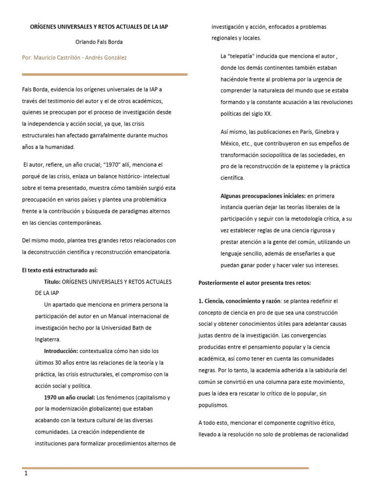 Relatoría Fals Borda | PDF | Conocimiento | Intelectual