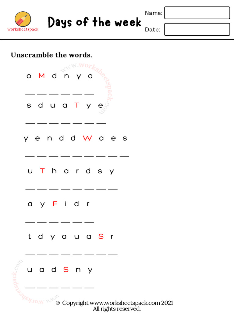 Days of The Week Worksheets Unscramble The Words | PDF