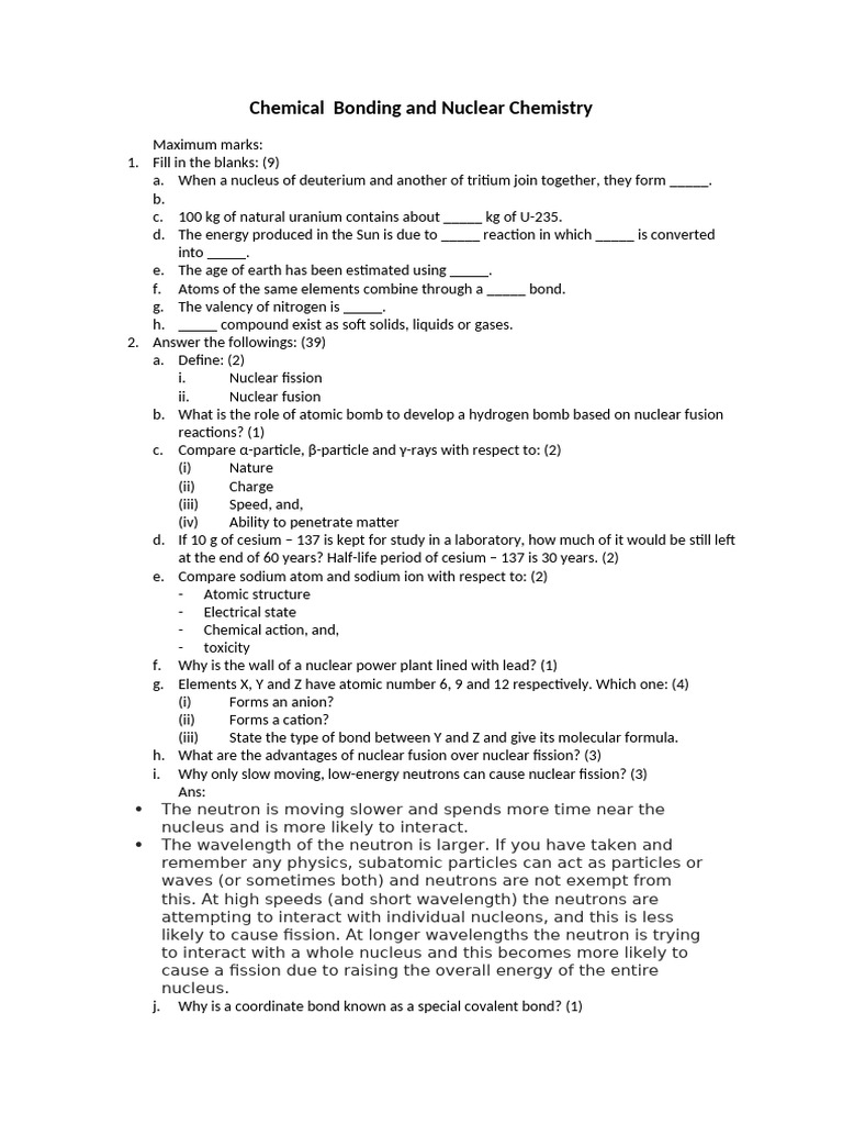 Chemical Bonding and Nuclear Chemistry Test - 1 Answer | PDF | Ion ...