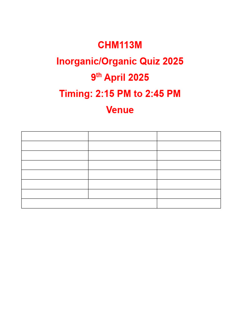 Quiz Seating Plan - CHM113M - Organic - Inorganic1 | PDF