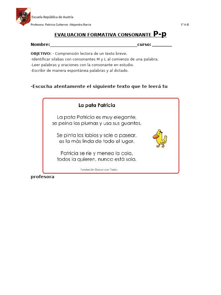Evaluación de Consonantes M y P | PDF