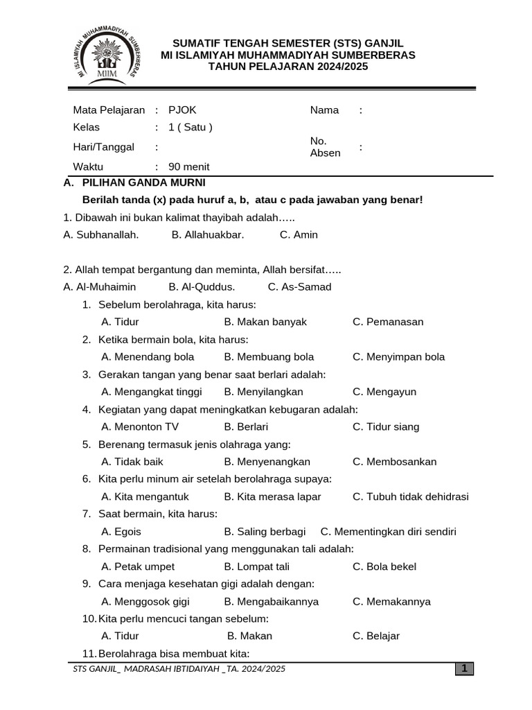 Format Soal Kelas 1 & 2 PTS 2024 | PDF