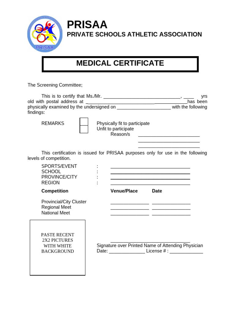 PRISAA FORM 03 Medical Certificate | PDF