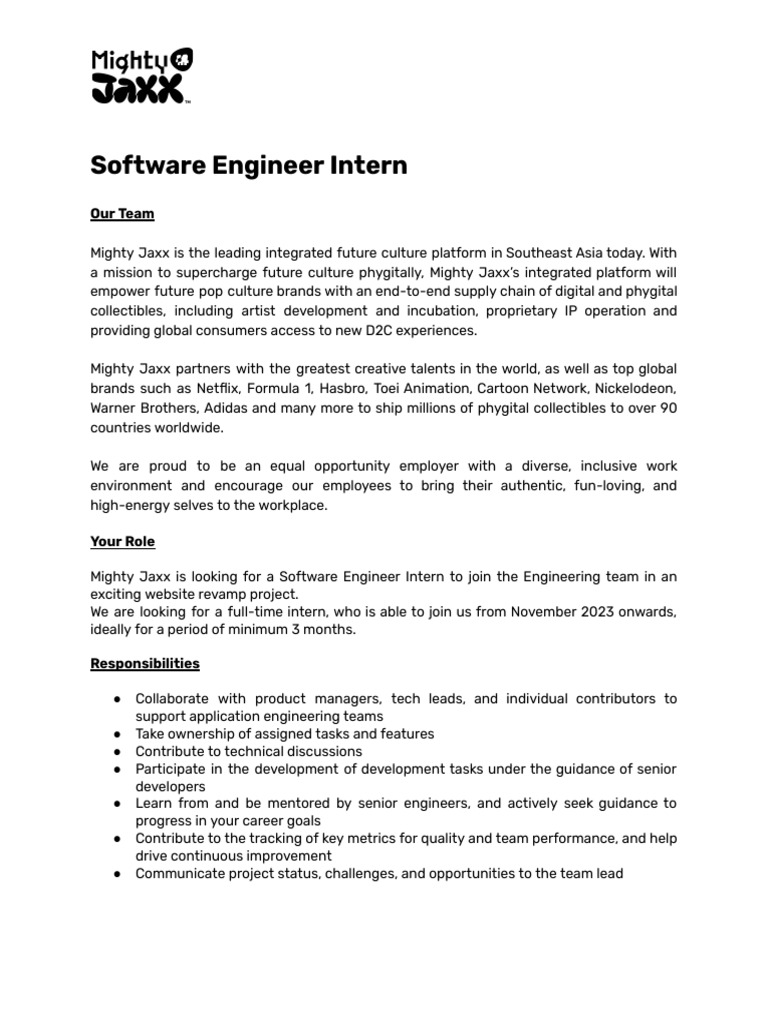 Software Engineer Intern Position at Mighty Jaxx | PDF