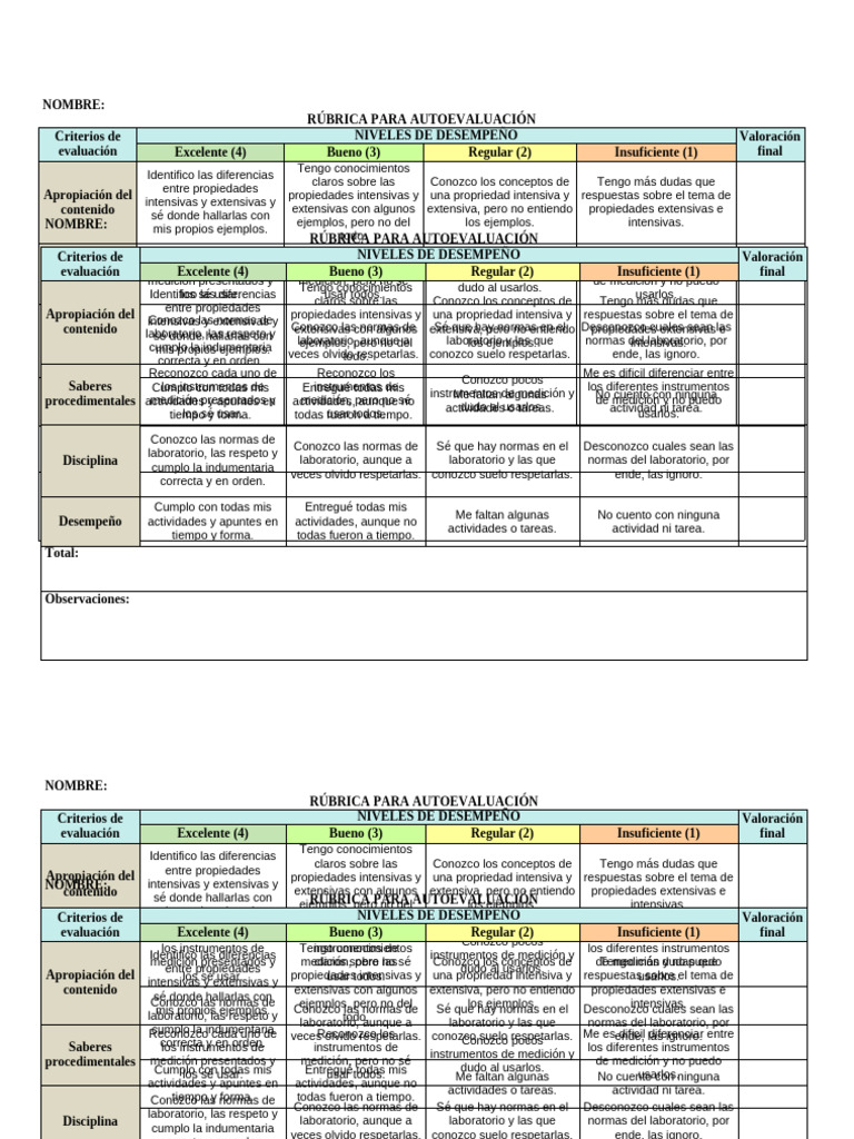 Rubrica de Autoevaluación Del Contenido de Propiedades Extensivas e ...