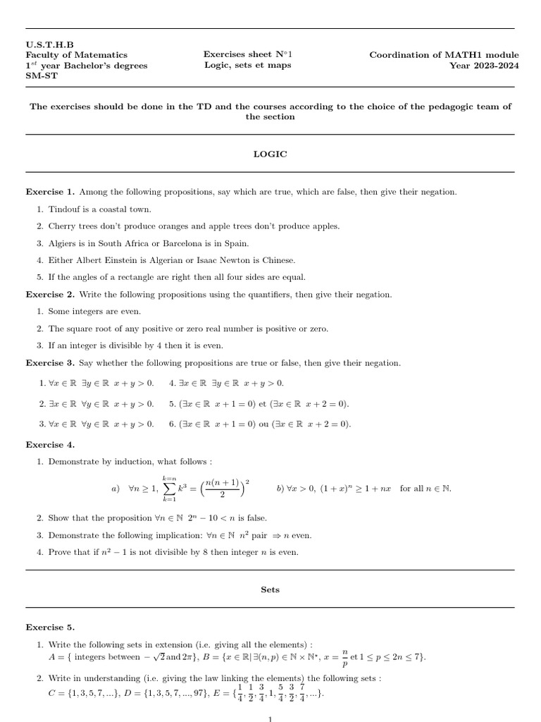 Exercises Sheet #1 (Logic, Sets and Maps) | PDF | Logic | Mathematics