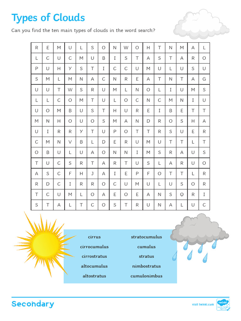 Types of Clouds Wordsearch | PDF | Sky | Meteorological Phenomena