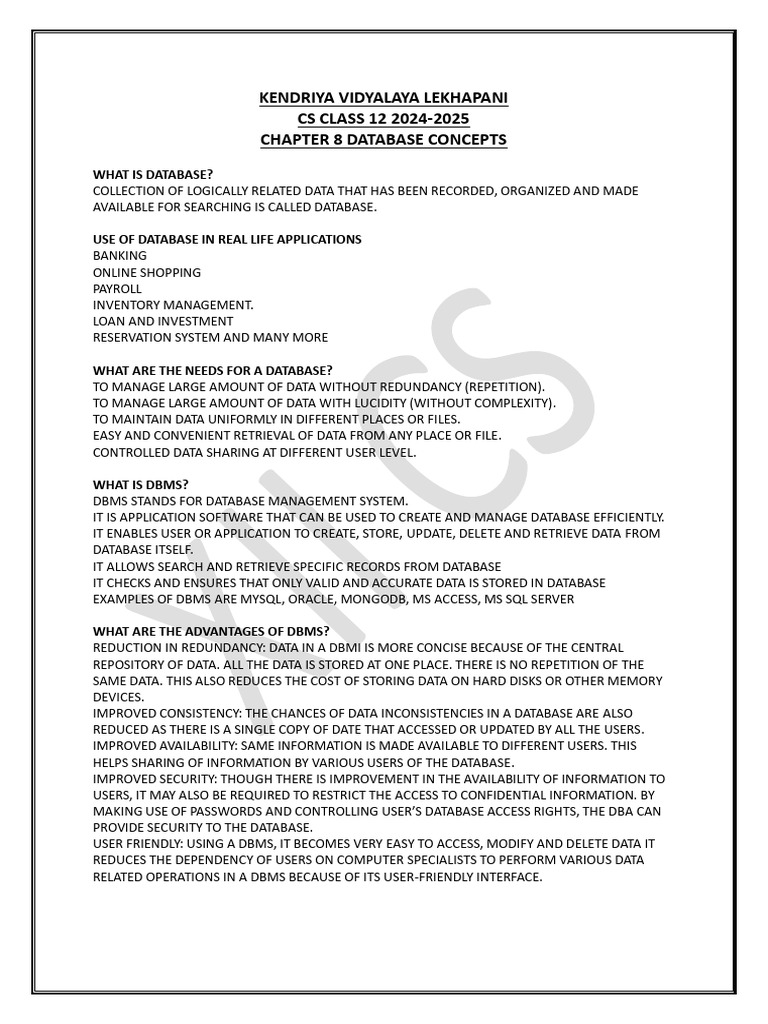 Class 12 CS Chapter 8 2024-2025 | PDF | Relational Database | Databases