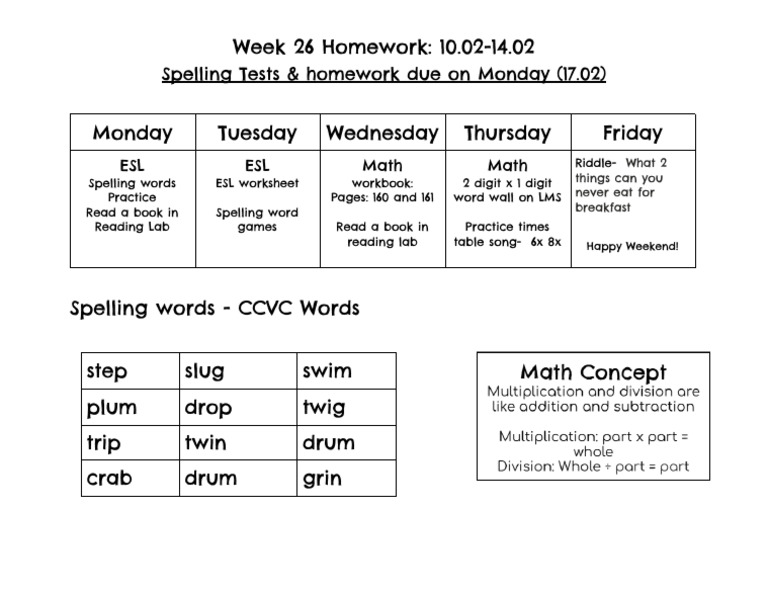 Week 26 Homework Overview & Spelling List | PDF