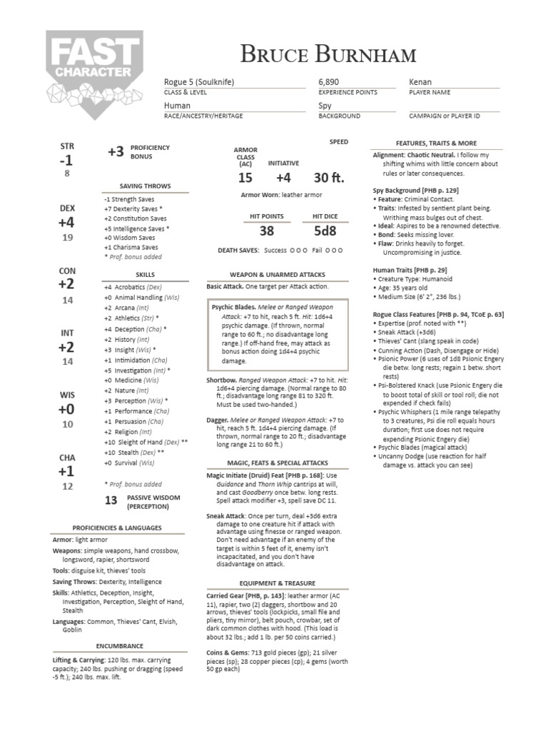 Fast Character - Human Rogue 5 (Soulknife) - PHB 2014 | PDF