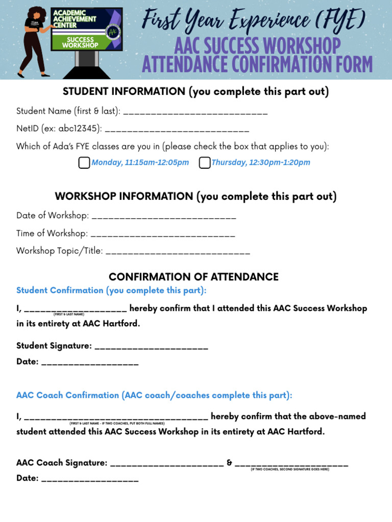 Ada's FYE - AAC Workshop Attendance Confirmation Form | PDF