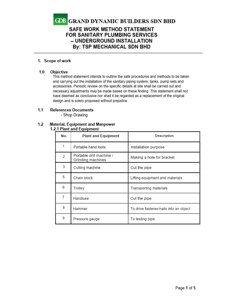 SWMS - Sanitary Underground Installation | PDF | Pipe (Fluid Conveyance ...