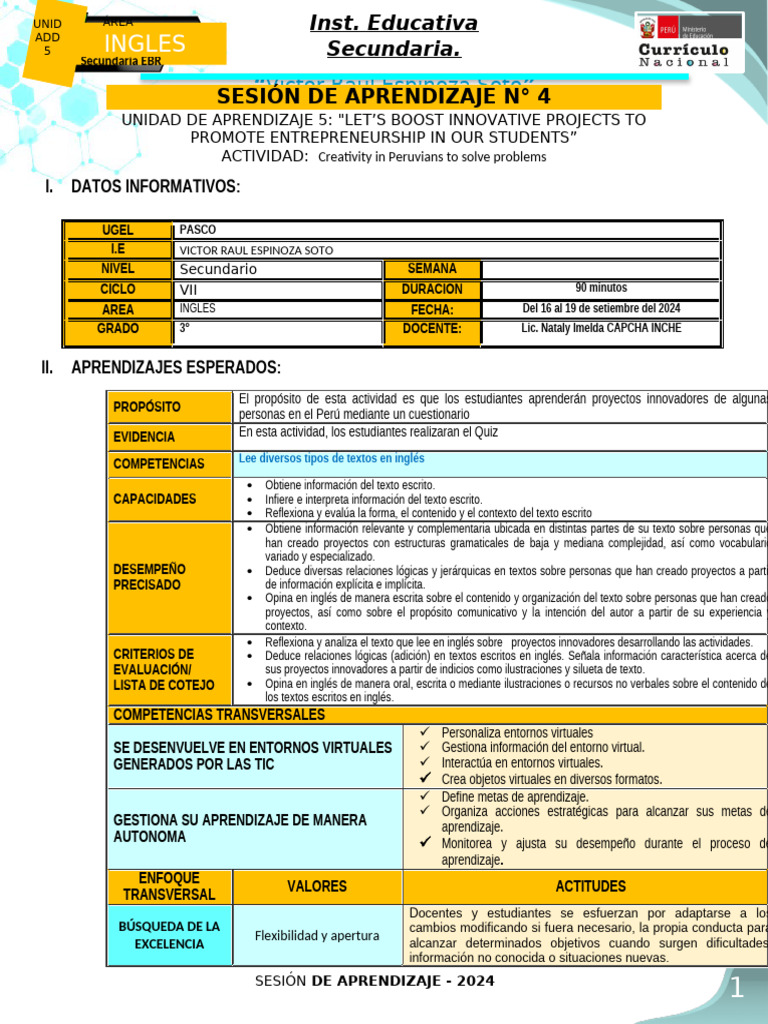 1° 2°-Ses Act 04-Inlgles-U5 | PDF | Aprendizaje | Evaluación