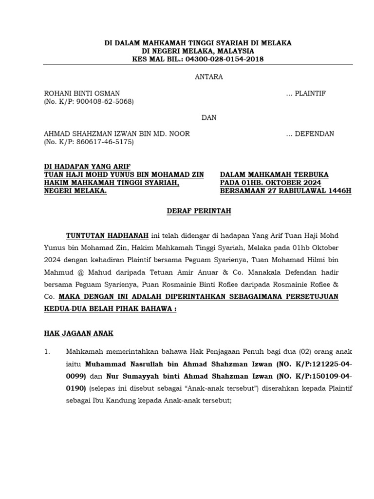 Deraf Perintah Hadhanah AHMAD SHAHZMAN | PDF