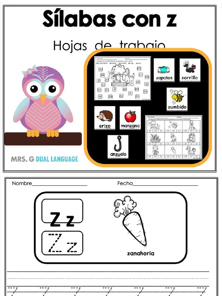Hoja de Trabajo: Letra Z y Sílabas | PDF