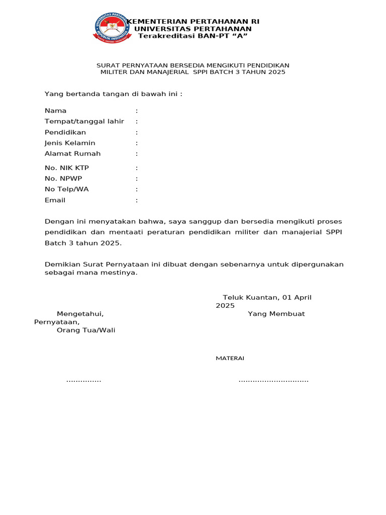 Surat Pernyataan Mengikuti Pendidikan Sppi | PDF