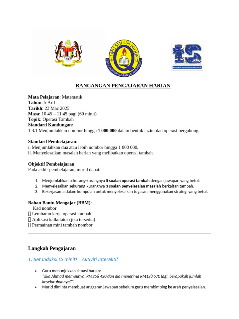 RANCANGAN PENGAJARAN HARIAN Operasi Tambah | PDF