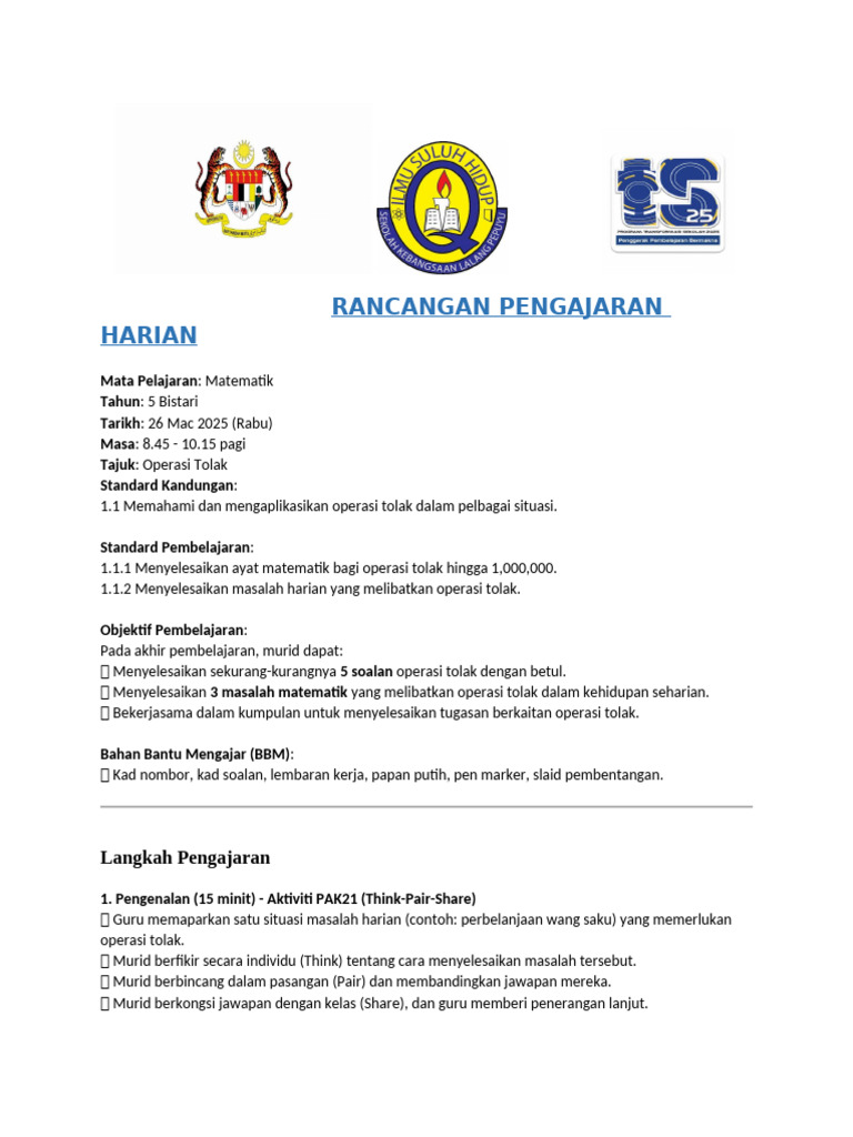 RANCANGAN PENGAJARAN HARIAN Logo Tolak | PDF