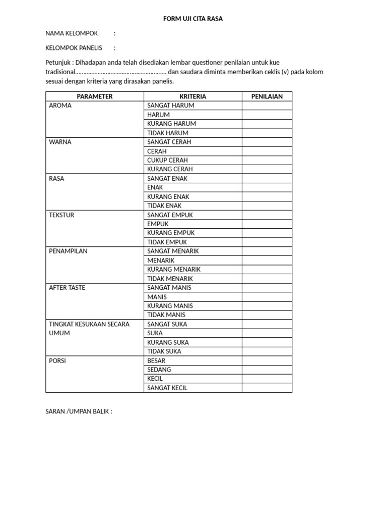 FORM UJI CITA RASA | PDF