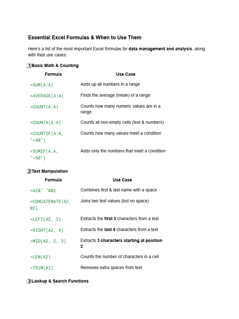 Essential Excel Formulas & When To Use Them | PDF | Computer ...