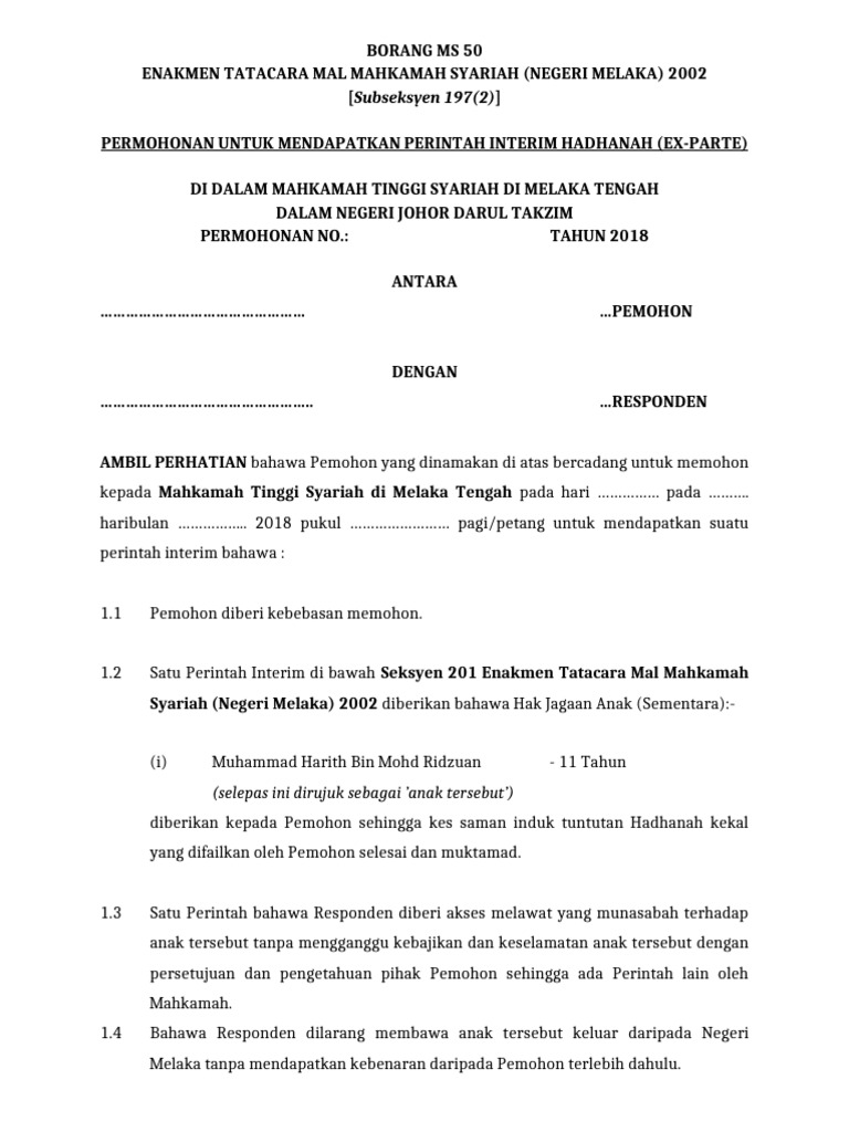 Permohonan Interim Hadhanah Kes Ridzuan | PDF