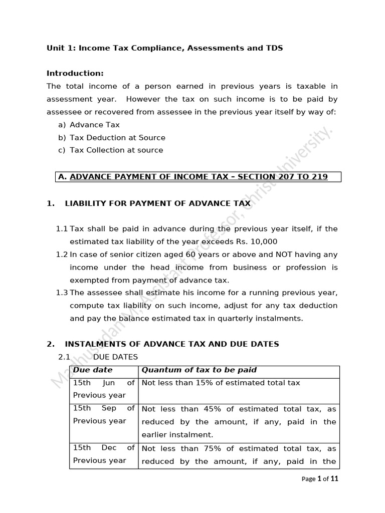 Advance Tax, TDS, Income Tax Returns, Assessment Procedures | PDF ...