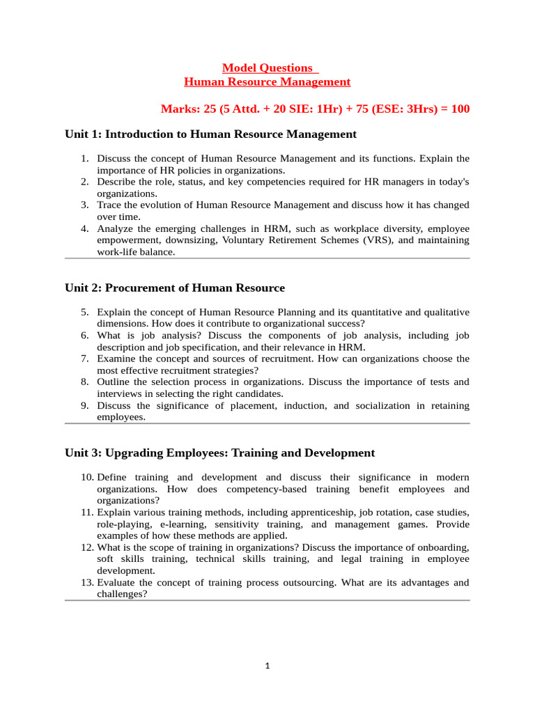 Sem. V HRM-Model Questions 2024 | PDF | Human Resource Management ...