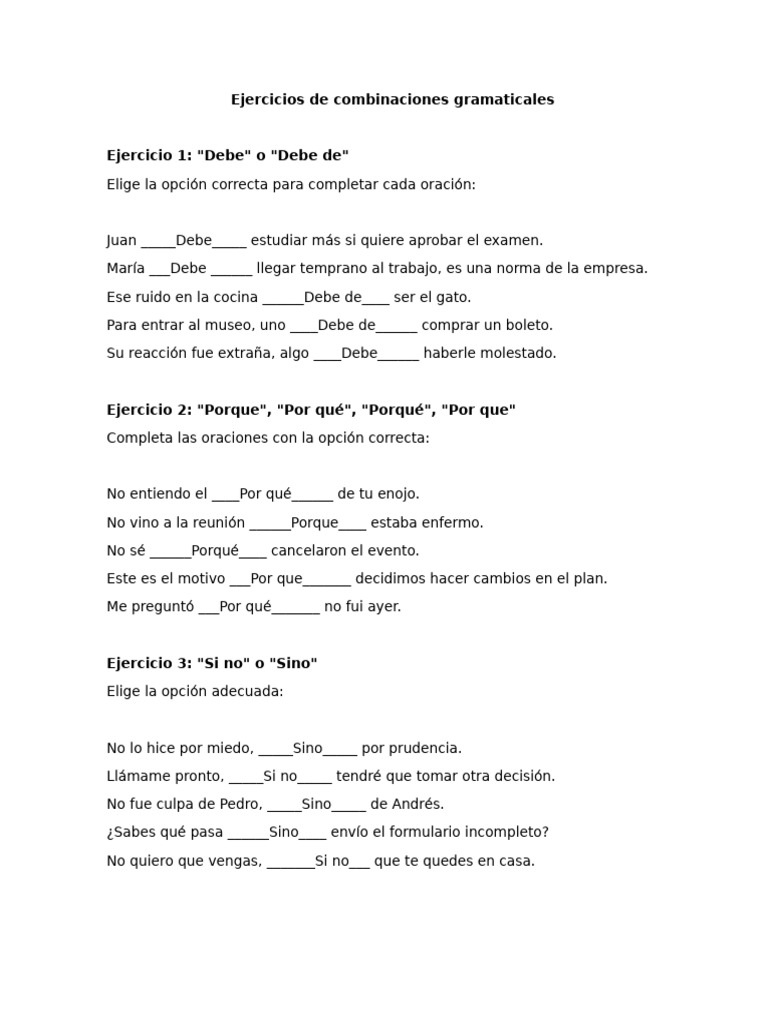 Ejercicios de Combinaciones Gramaticales | PDF