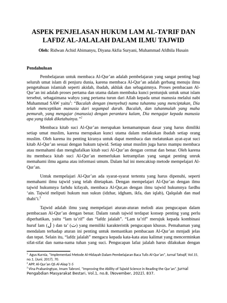 Hukum Lam Al-Ta’rif dan Lafdz Jalalah Tajwid | PDF