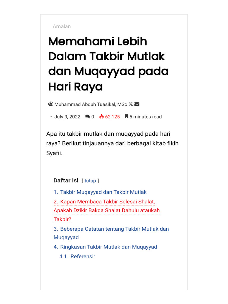 Memahami Lebih Dalam Takbir Mutlak Dan Muqayyad Pada Hari Raya | PDF