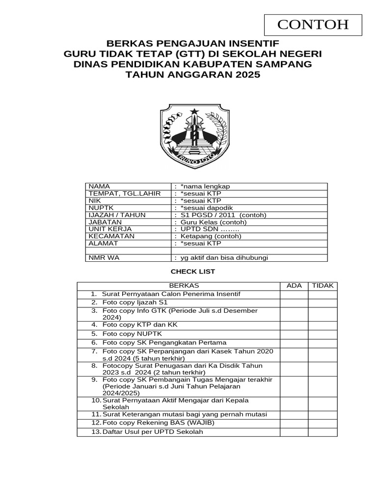 Contoh Cover, Check List, Surat Pernyataan Insentif GTT 2025 | PDF