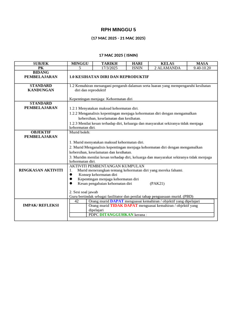 RPH Minggu 5 2025-2026 | PDF