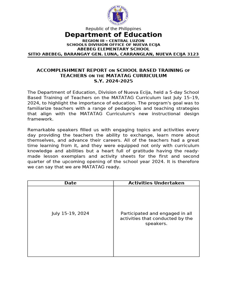 Matatag Training Accomplishment Report | PDF