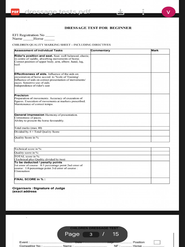 Beginner Dressage Test Scoring Sheet | PDF
