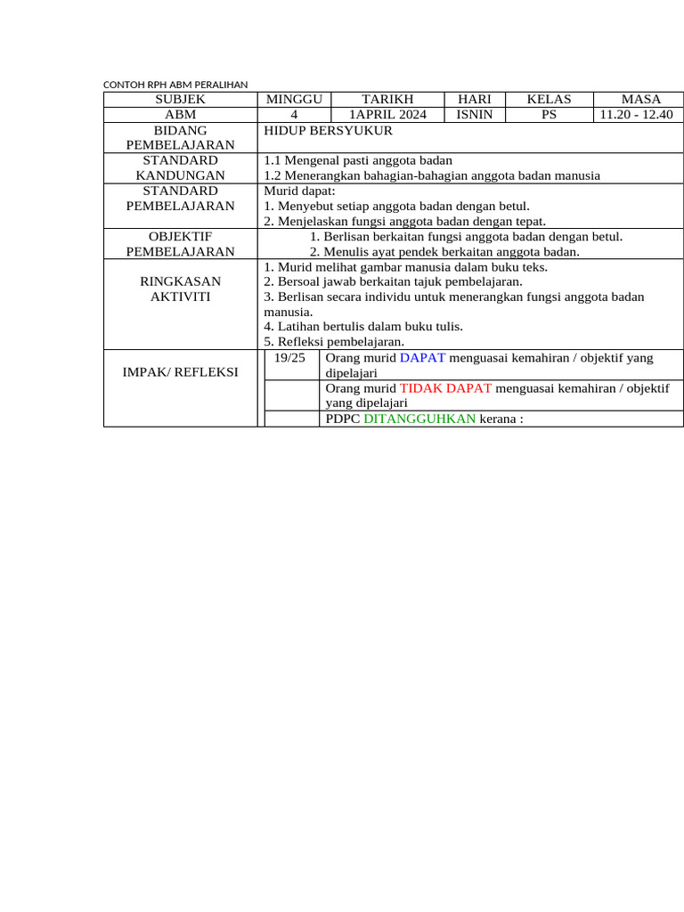 Contoh RPH ABM Peralihan Kelas PS | PDF
