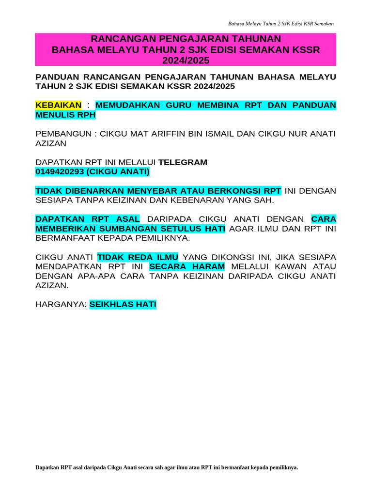 Rpt Bahasa Melayu Kssr Semakan Tahun Dua Sjk 2024 | PDF