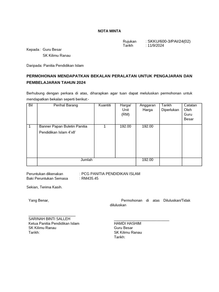 Nota Minta Banner Pai | PDF