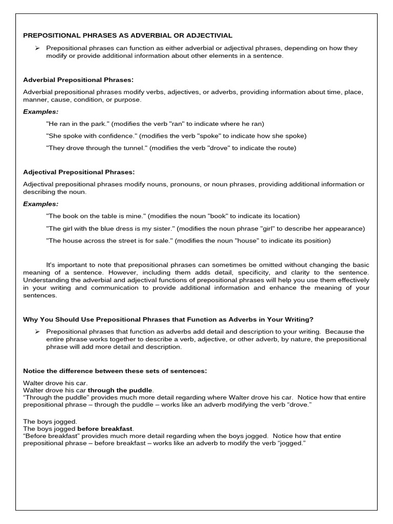 Prepositional Phrases: Adverbial vs Adjectival | PDF | English Grammar ...